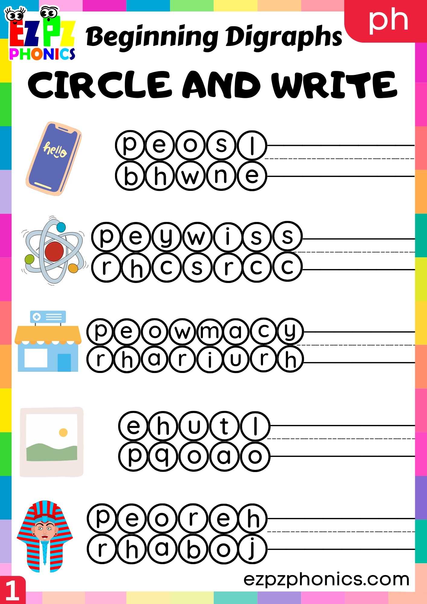 PH Words Circle And Write Consonant Digraphs Phonics Beginning Worksheet - ezpzphonics.com